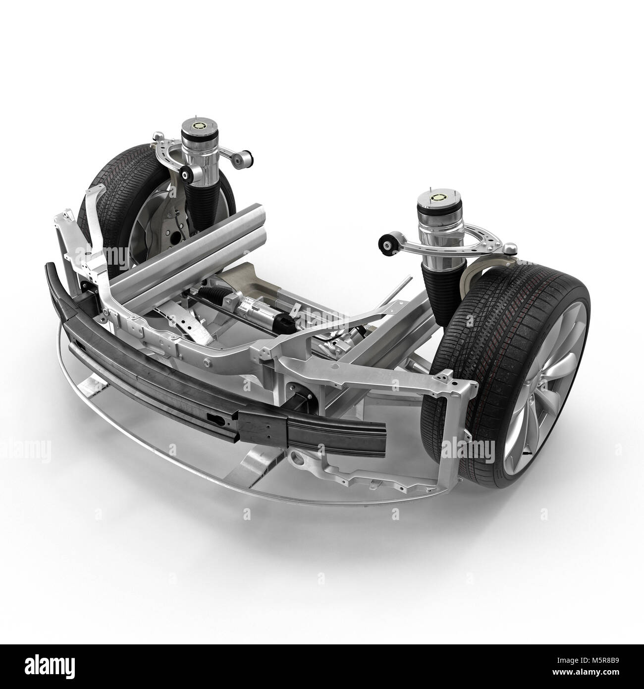 Electric Car Front Axle with new tire isolated on white. 3D ...