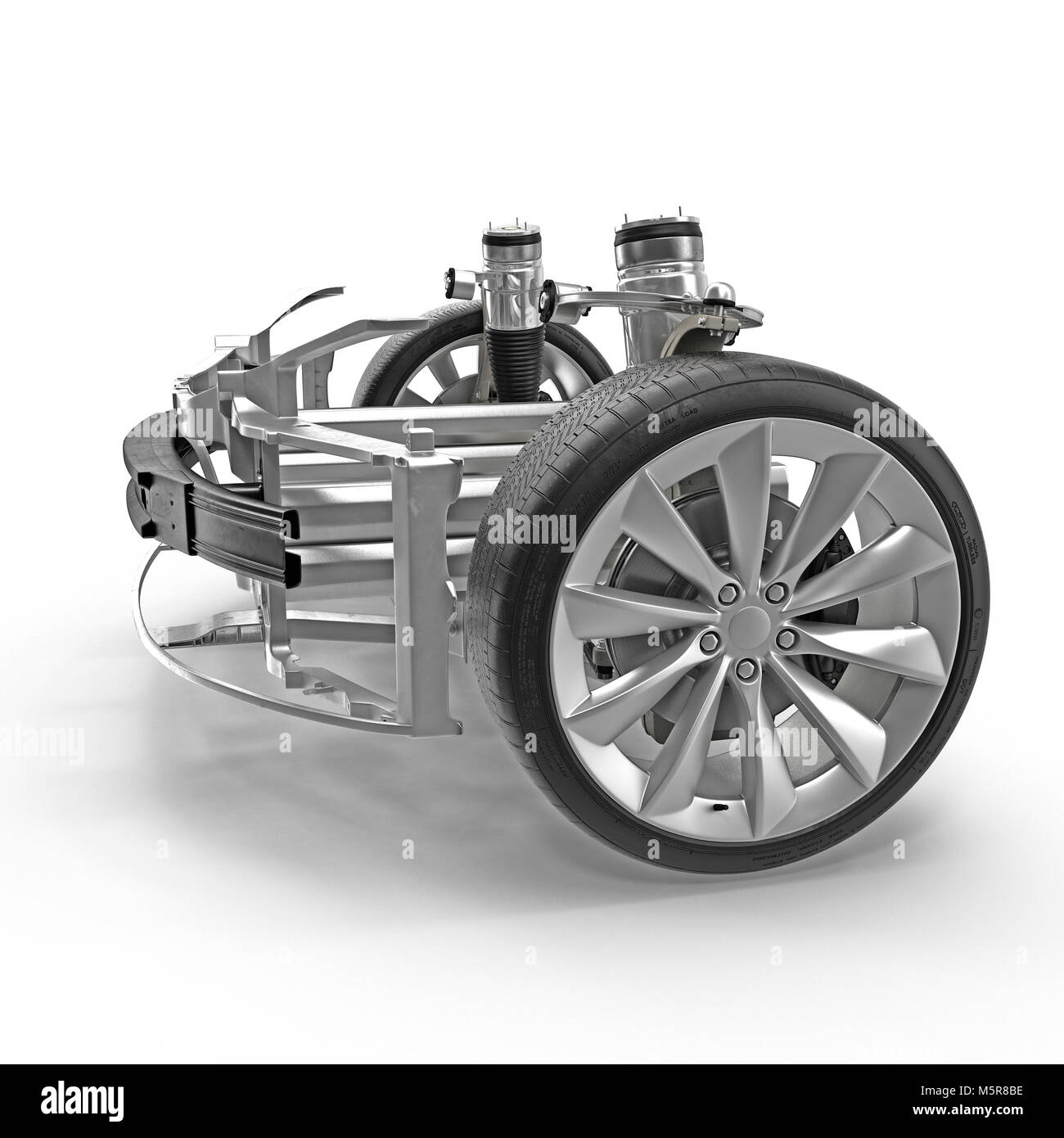 Electric Car Front Axle with new tire isolated on white. 3D ...