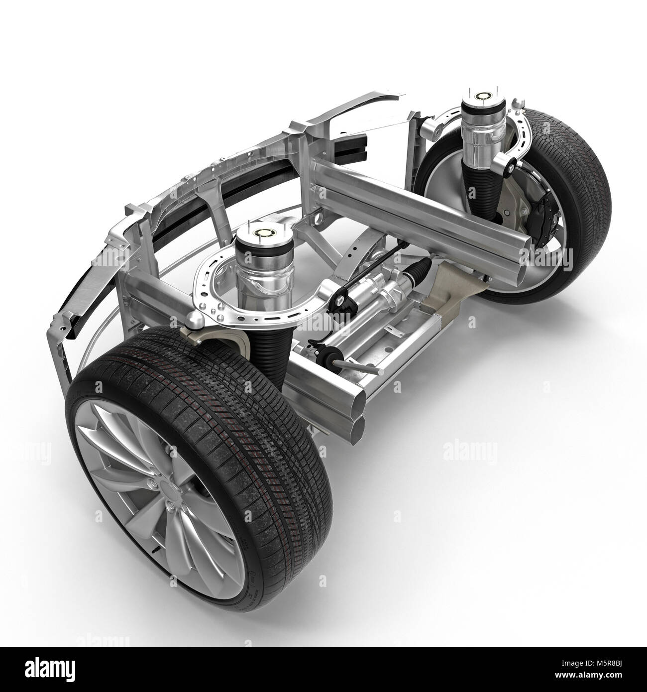 Electric Car Front Axle with new tire isolated on white. 3D ...