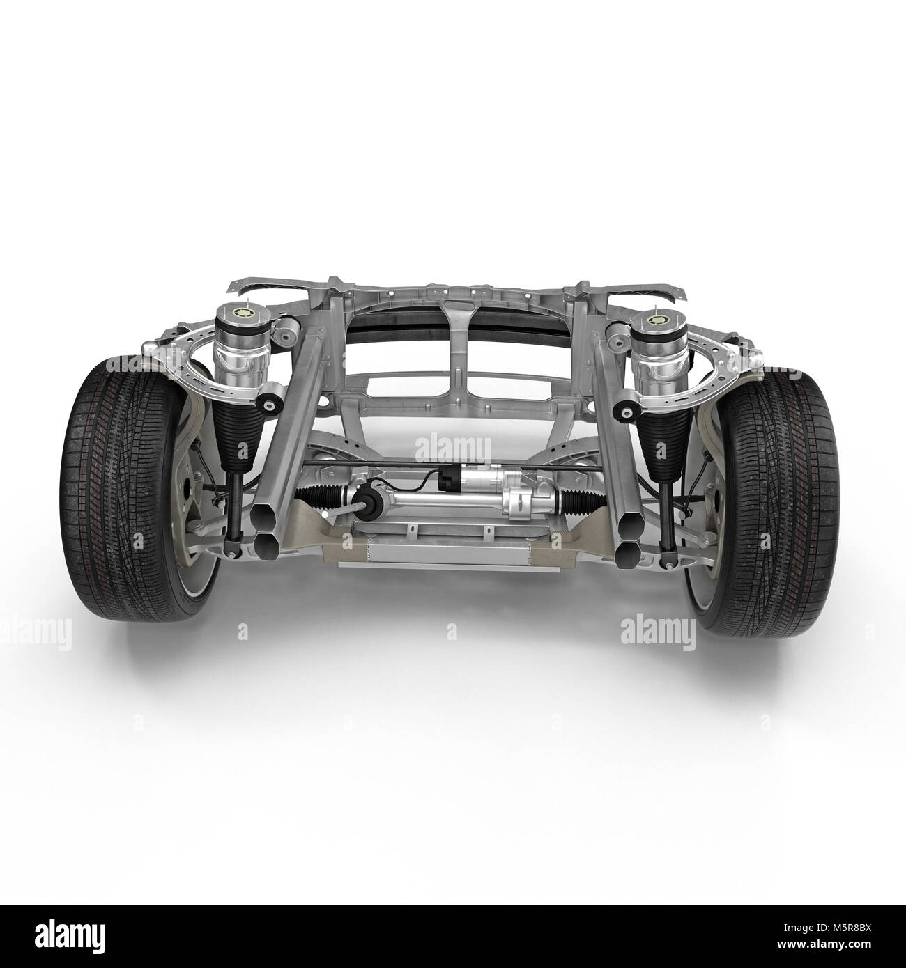 Electric Car Front Axle with new tire isolated on white. 3D ...