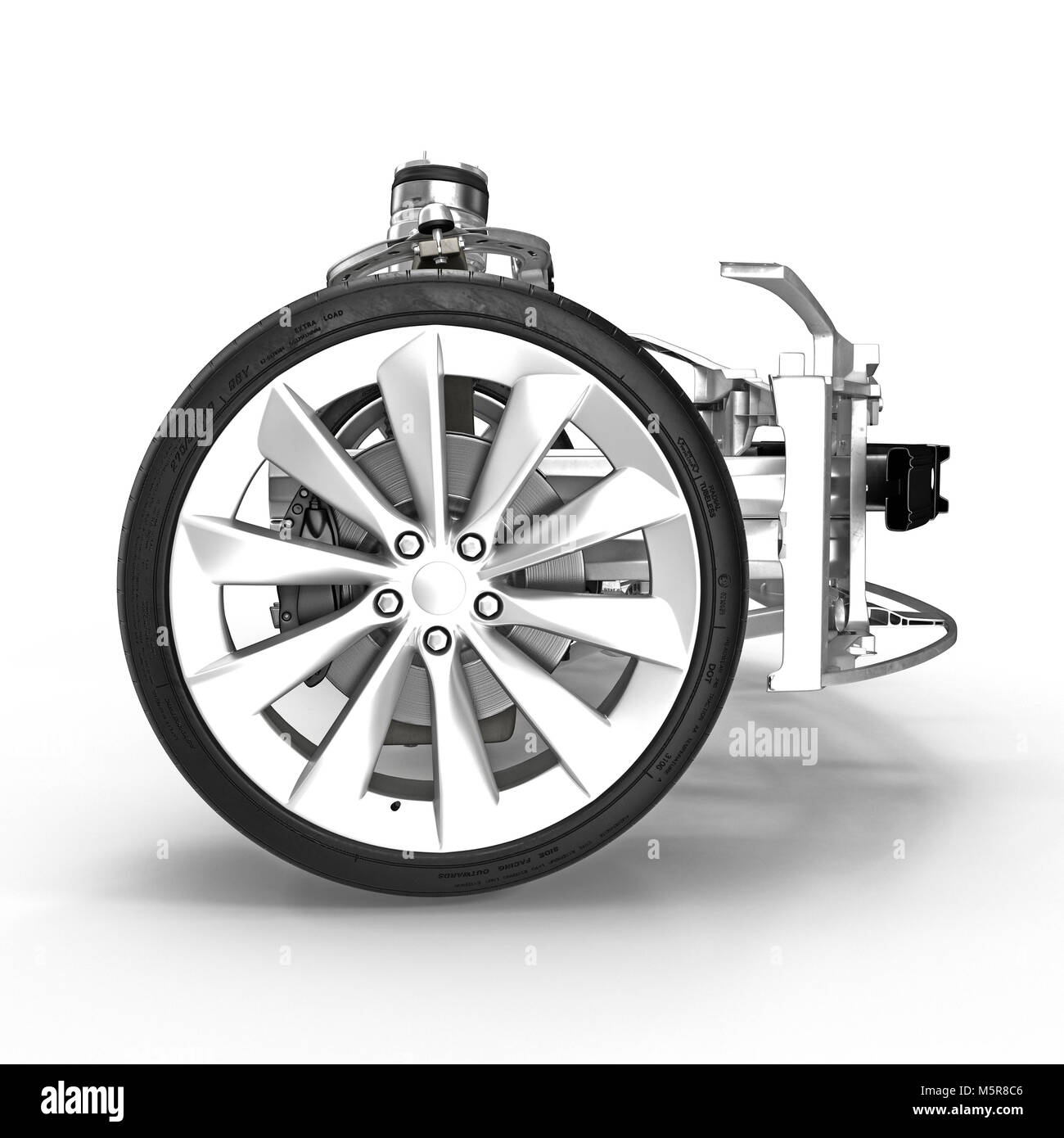 Electric Car Front Axle with new tire isolated on white. 3D ...