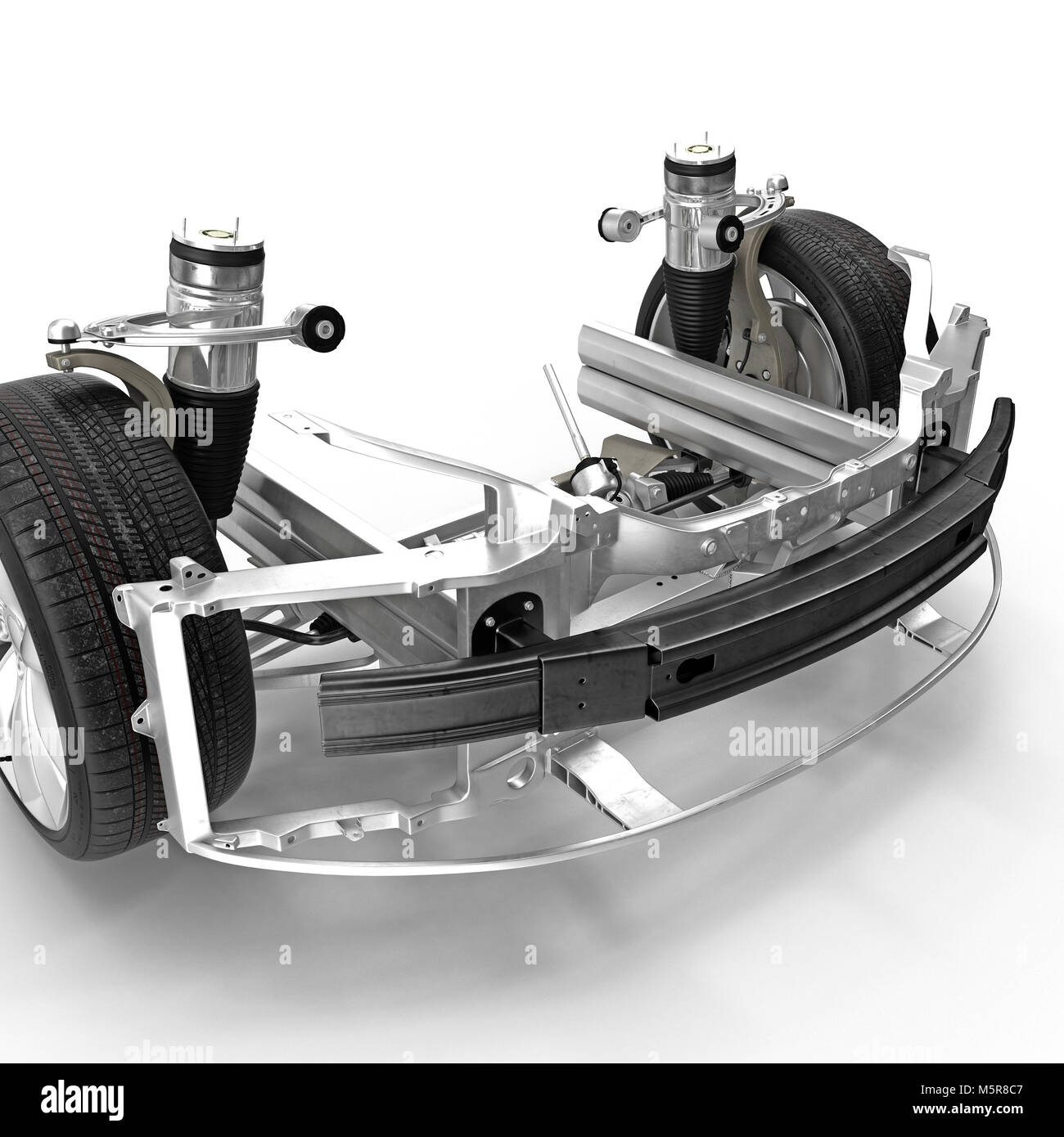 Electric Car Front Axle with new tire isolated on white. 3D ...