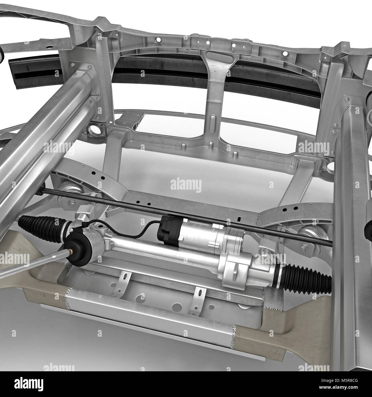 Electric Car Front Axle with new tire isolated on white. 3D ...