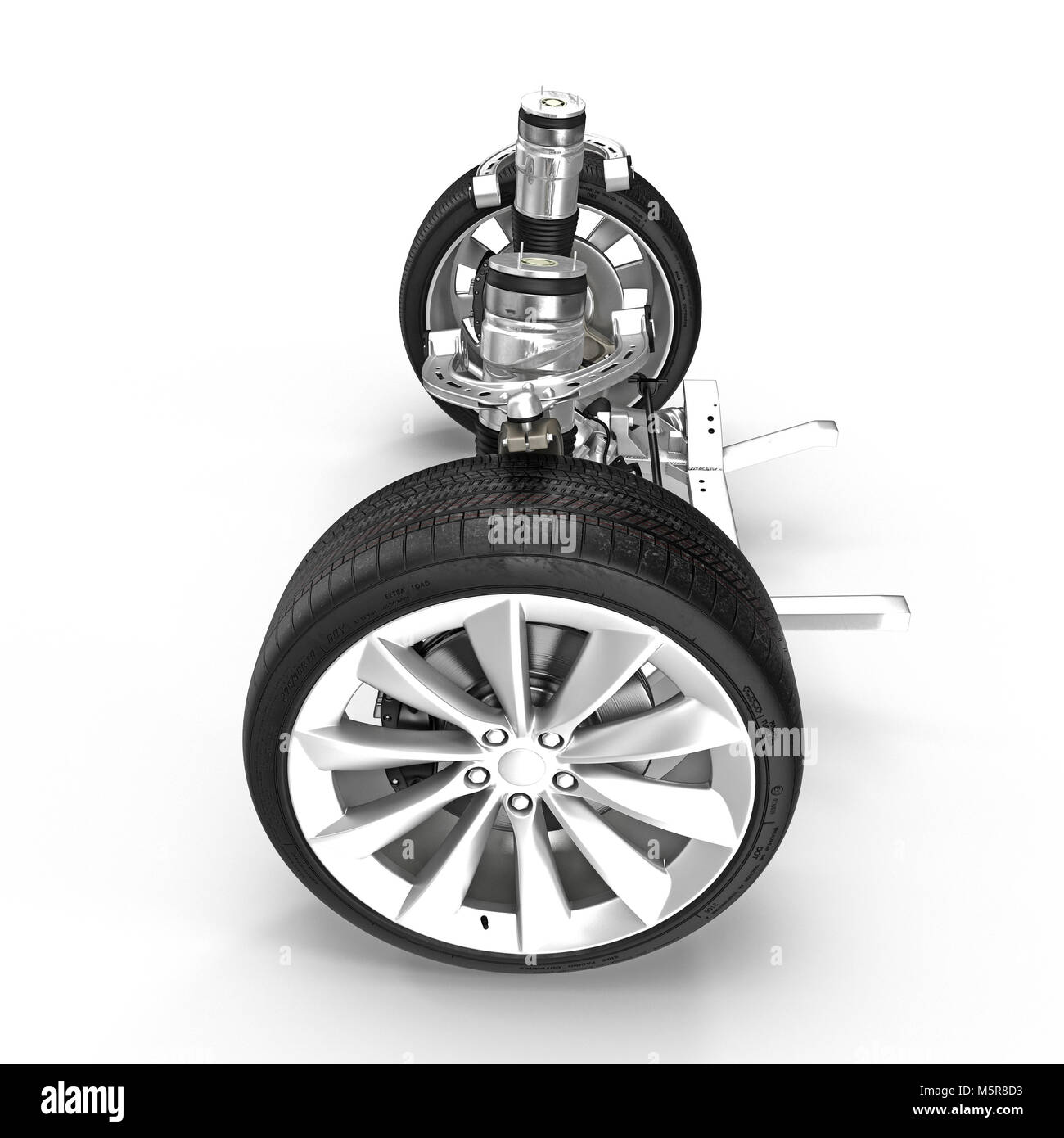 Electric Car Front Axle with new tire isolated on white. Side view. 3D ...