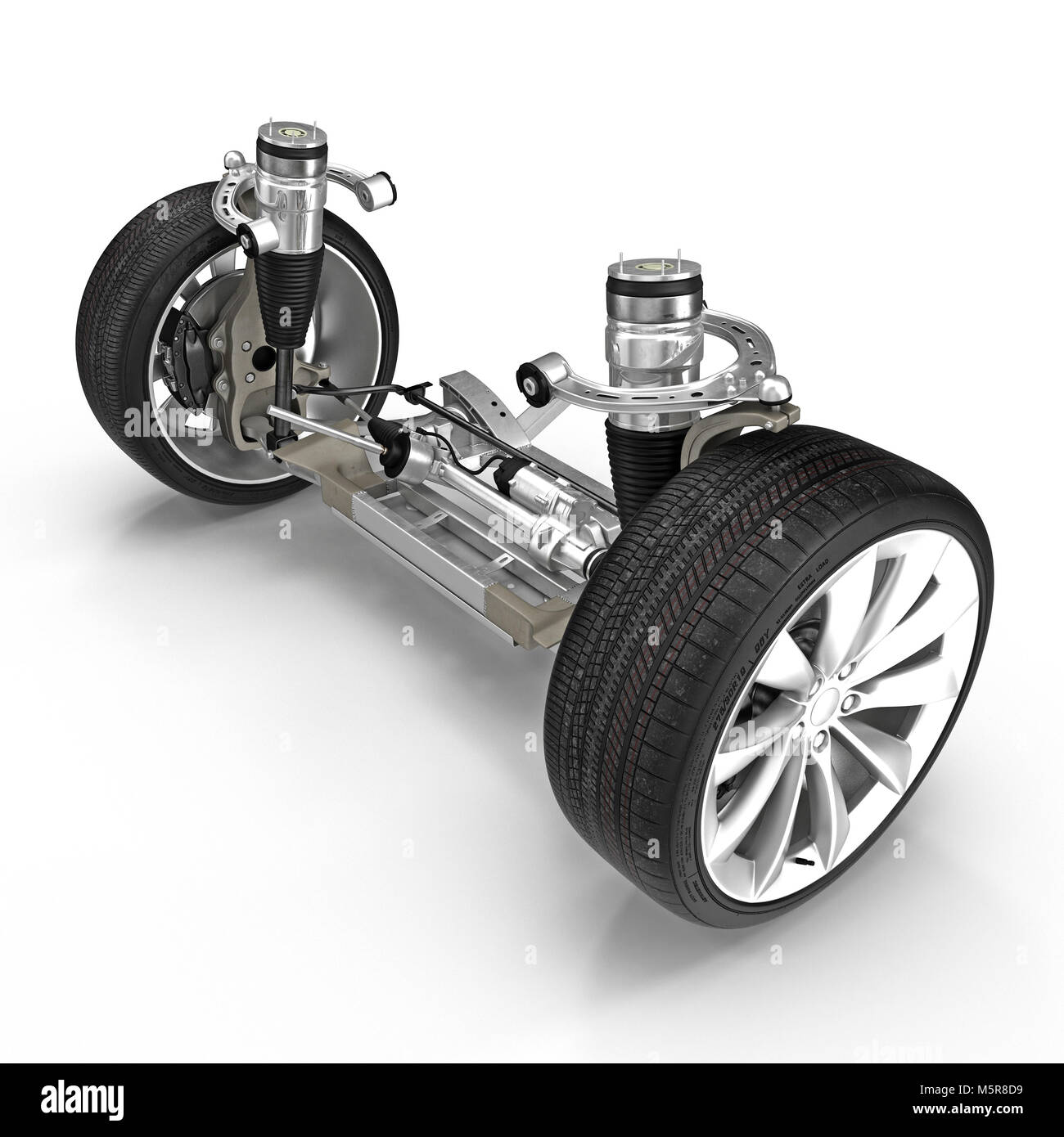 Electric Car Front Axle with new tire isolated on white. 3D ...