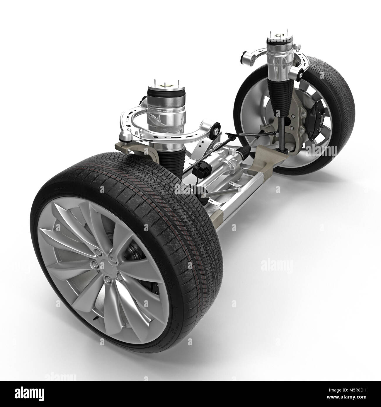 Electric Car Front Axle with new tire isolated on white. 3D ...