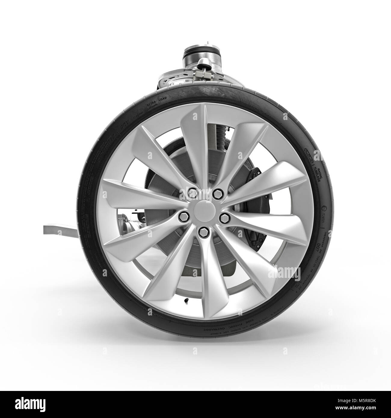 Electric Car Front Axle with new tire isolated on white. Side view. 3D ...