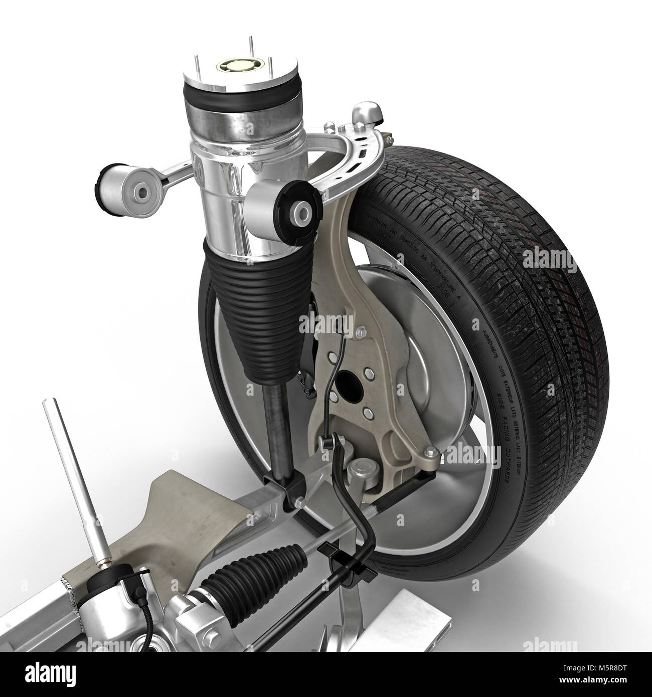 Electric Car Front Axle with new tire isolated on white. 3D ...