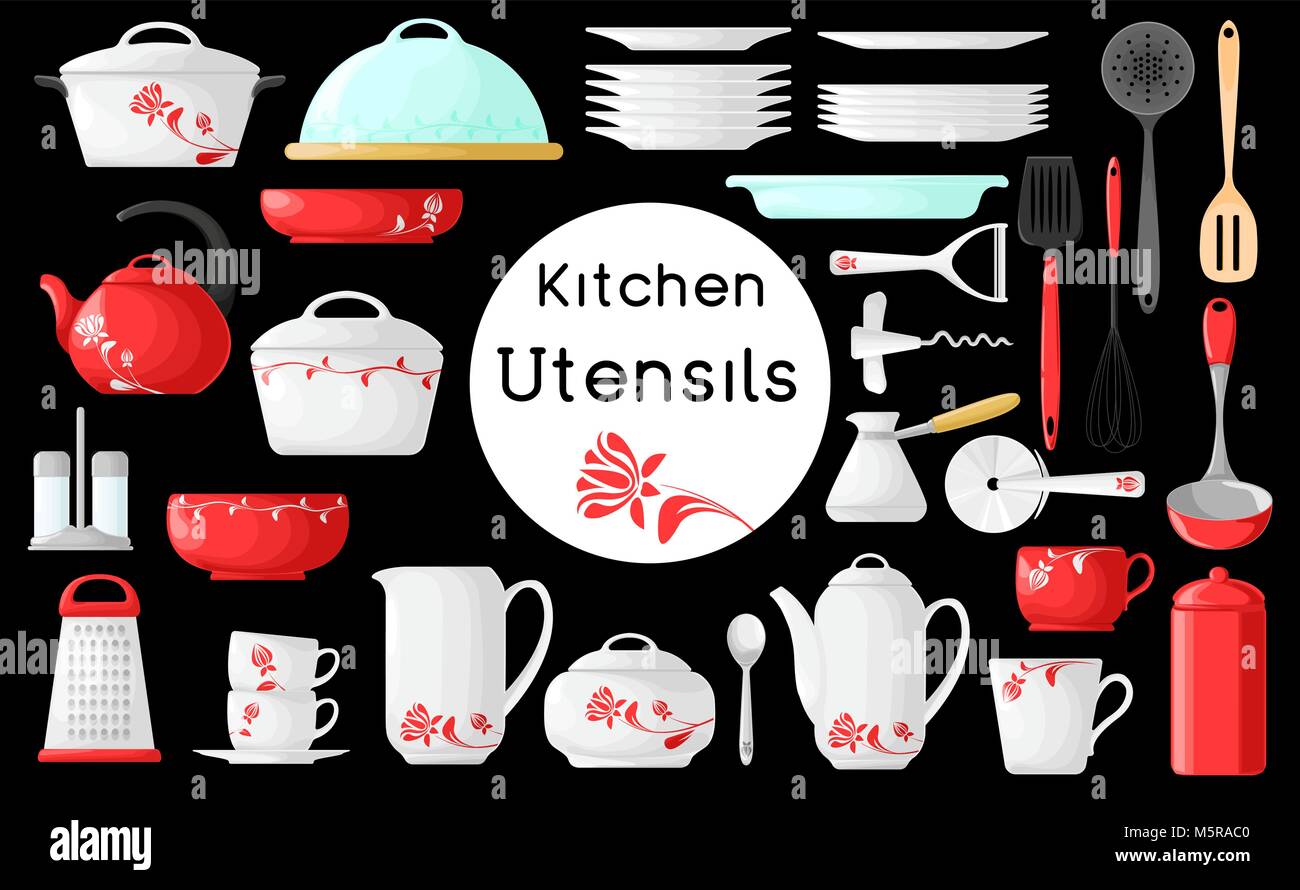 Set of cookware isolated on black background. Vector illustration ...