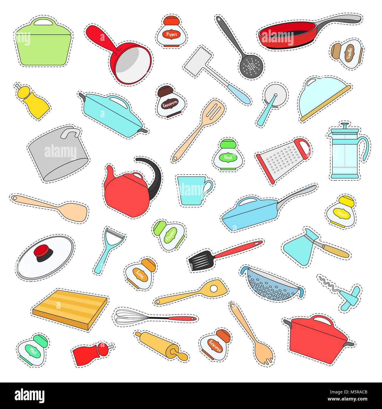 Set of labels with dishes in a flat style. Vector illustration Stock ...