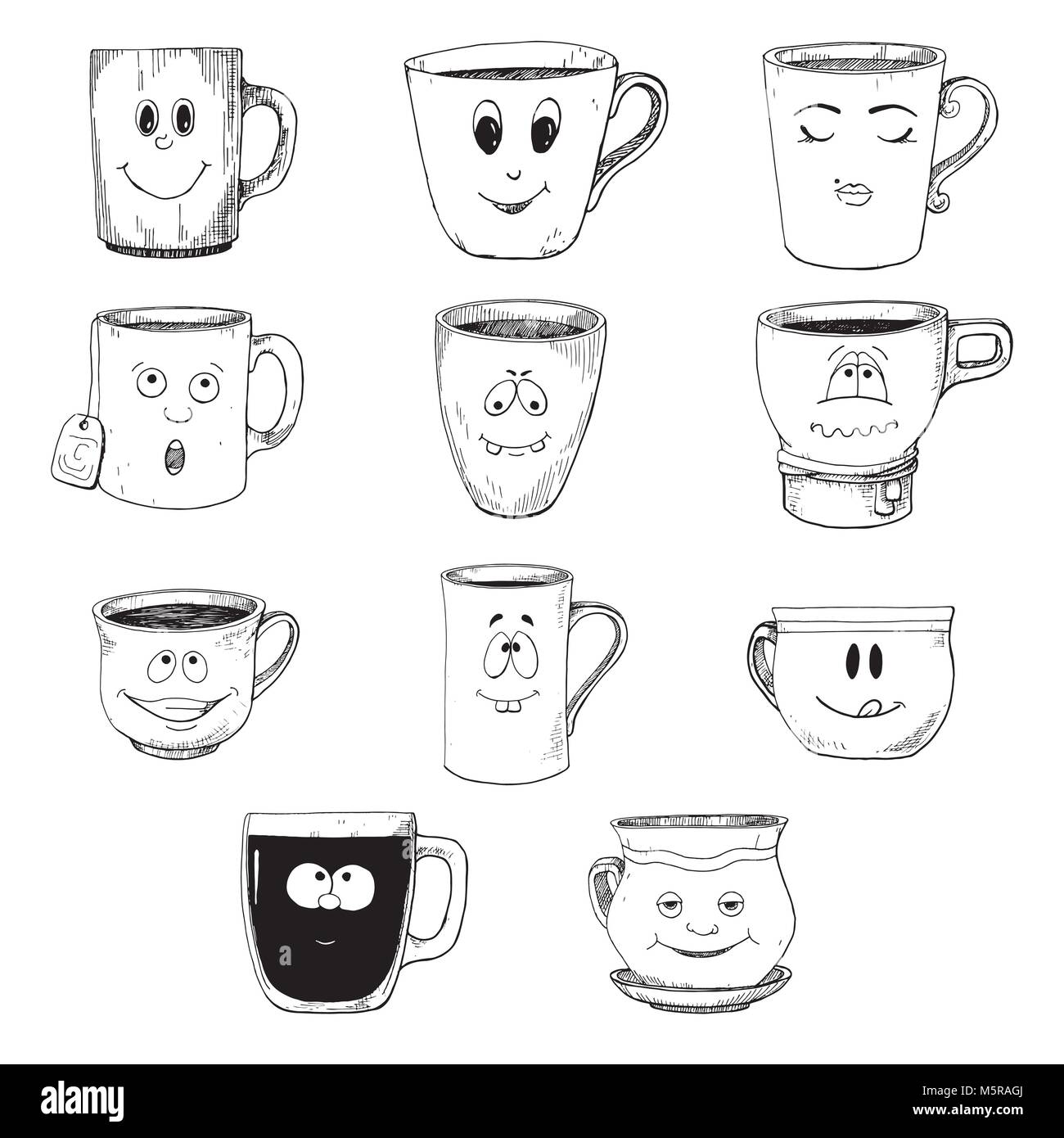 Hand drawn a set of cups in a cartoon style. Vector illustration of a ...