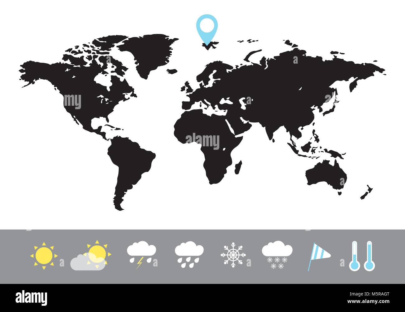 The world map is black. Weather icons. Vector illustration in a flat ...