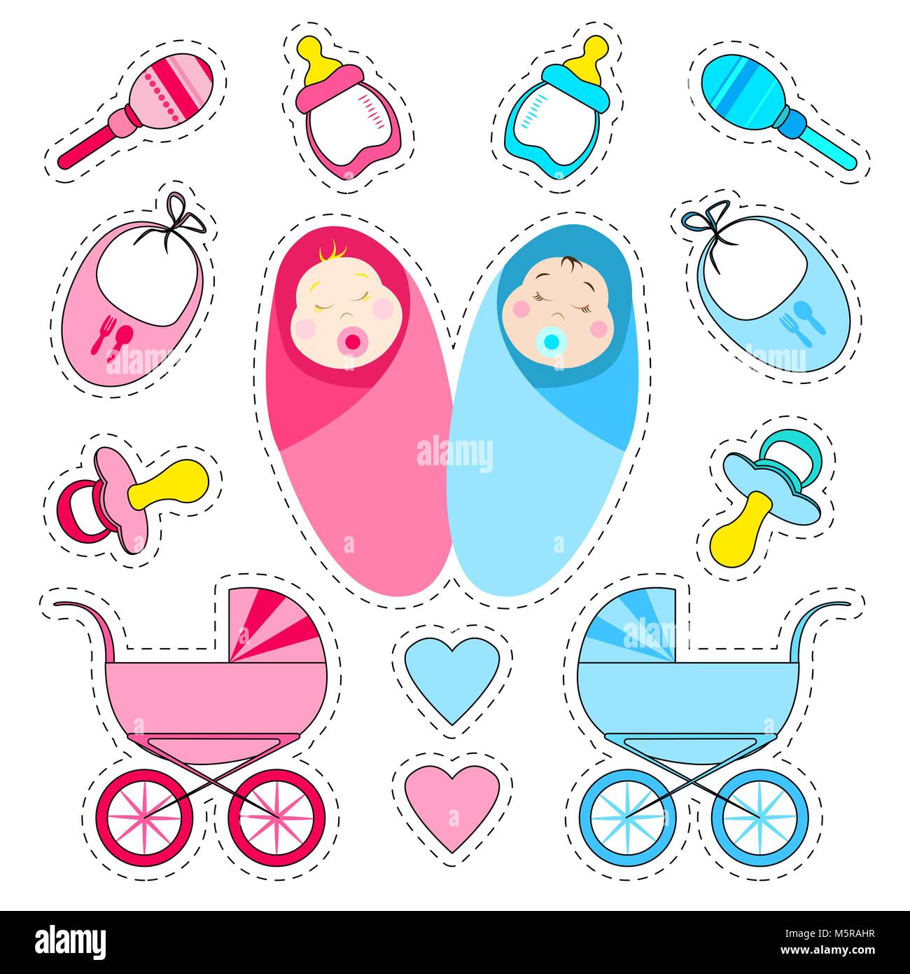 Stickers set for the birth of a child. Baby, nipple, baby bottle ...