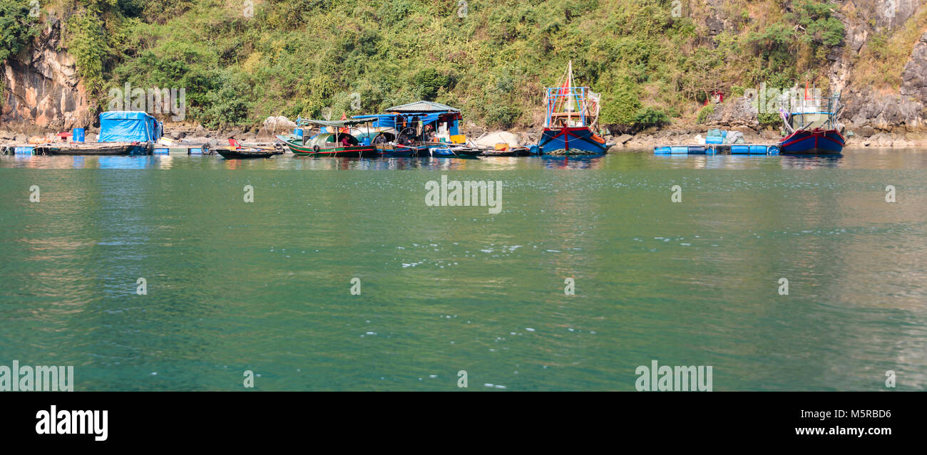 Traditional fishing boats at the Cua Van floating village, Halong Bay ...