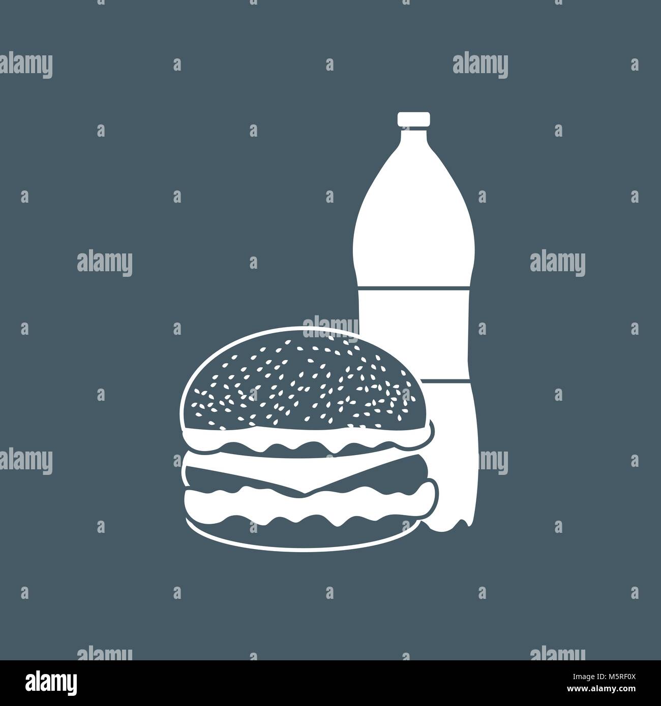 Burger and bottle of soda water. Harmful eating habits. Design for ...