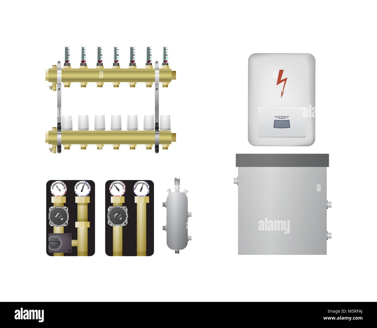 Electric boiler set. Vector illustration. The HVAC equipment. Manifold ...
