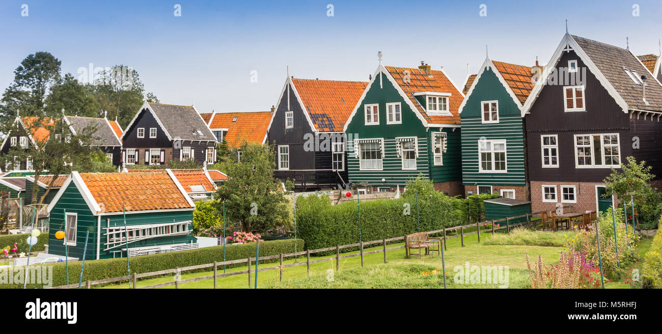 Panorama of colorful houses in historic village Marken, Netherlands ...