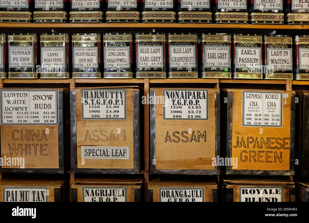 various types of tea blends in specialist store, norfolk, england Stock ...