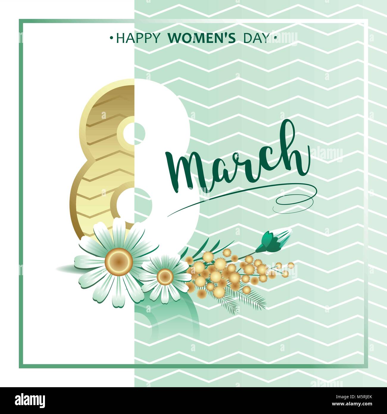 8 march. Hand lettering script with mimosa and chamomile flowers over ...