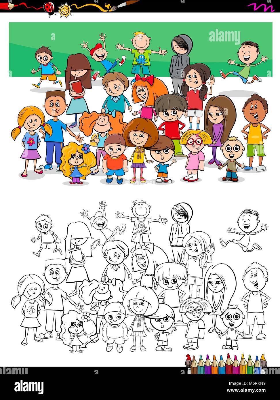 Cartoon Illustration of Kids Characters Group Coloring Book Activity ...