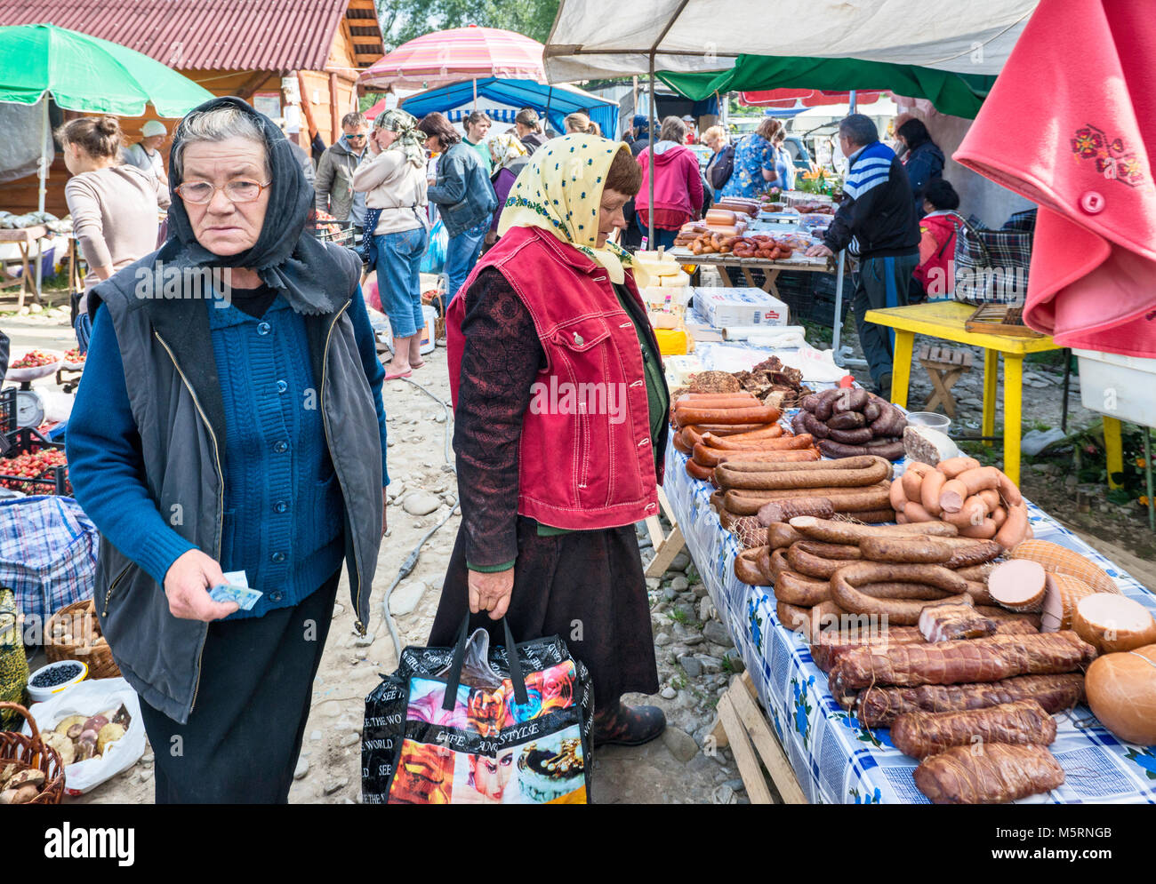 Sausage stall on market day in town of Kosiv, Carpathian Mountains ...