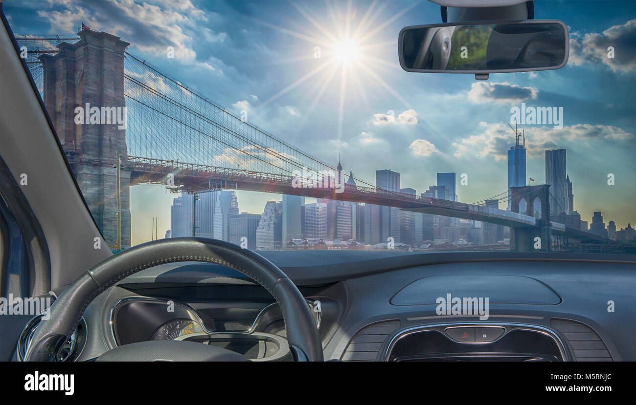 Looking through a car windshield with view of the iconic Brooklyn ...
