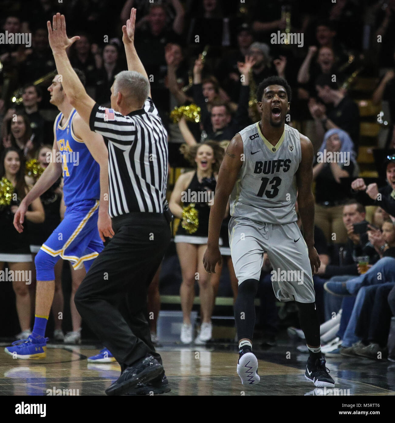 February 25, 2018: Colorado's Namon Wright celebrates his three pointer ...