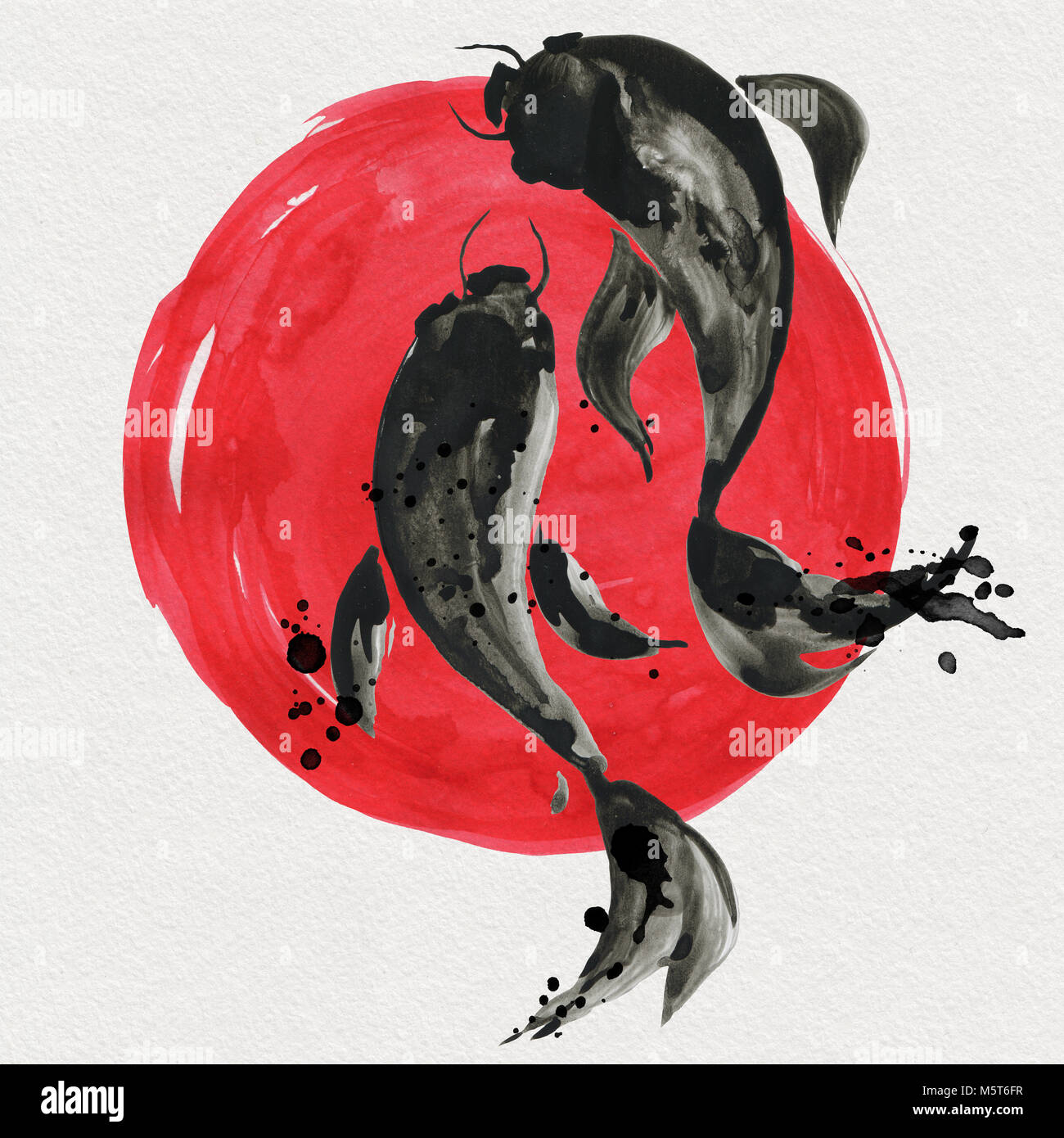 Koi fishes and red sun in Japanese style. Watercolor illustration Stock ...