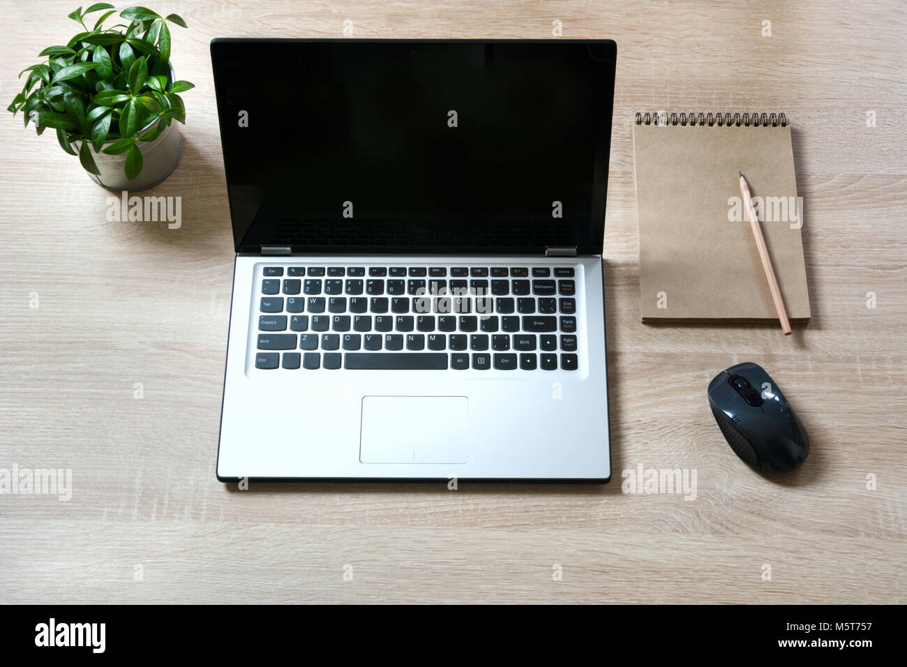 Open laptop on office wooden desk table. Top view with copy space Stock ...