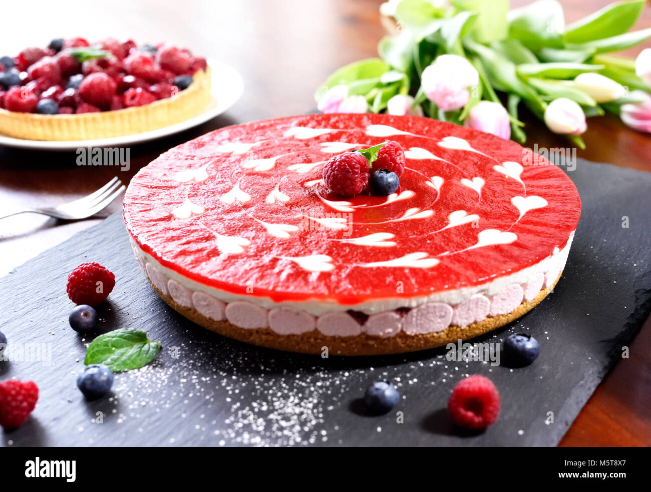 delicious cake buffet with fruit cake and fresh fruits. Strawberry cake ...