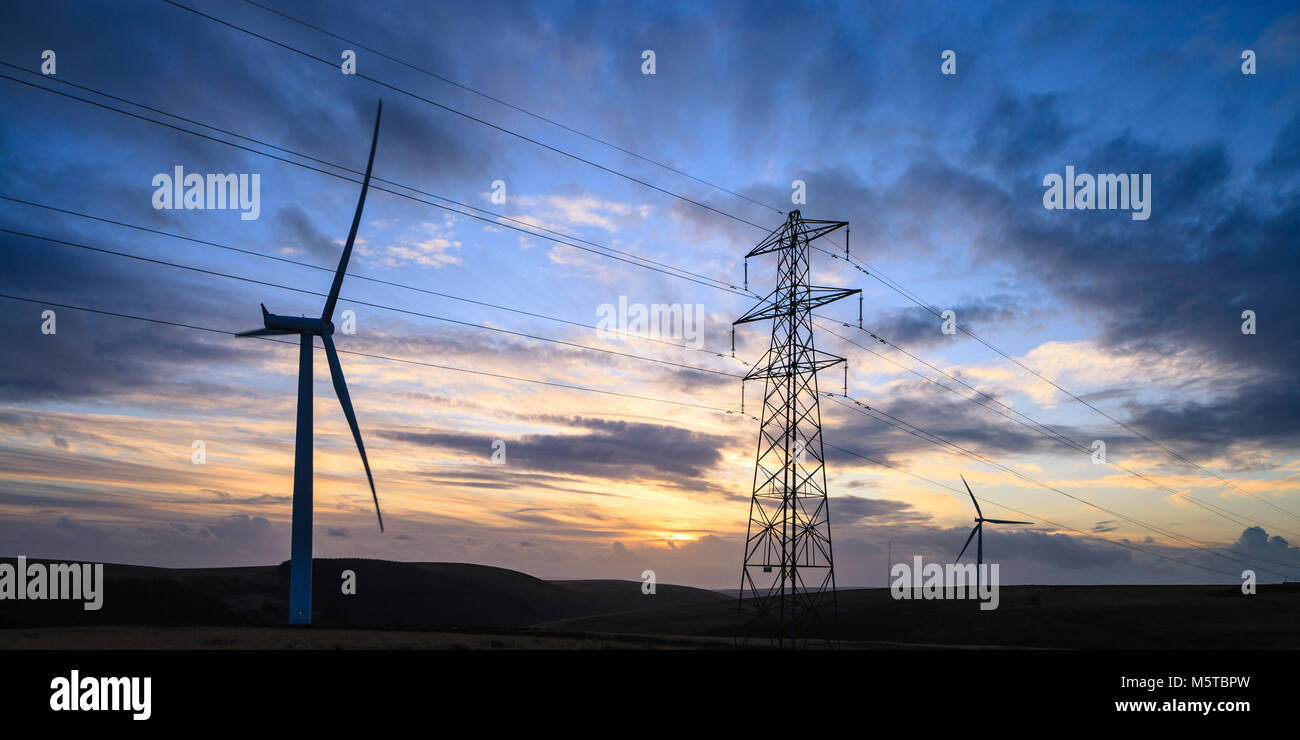 Wind turbine and electricity pylon Mynydd y Betws wind farm Amman and ...