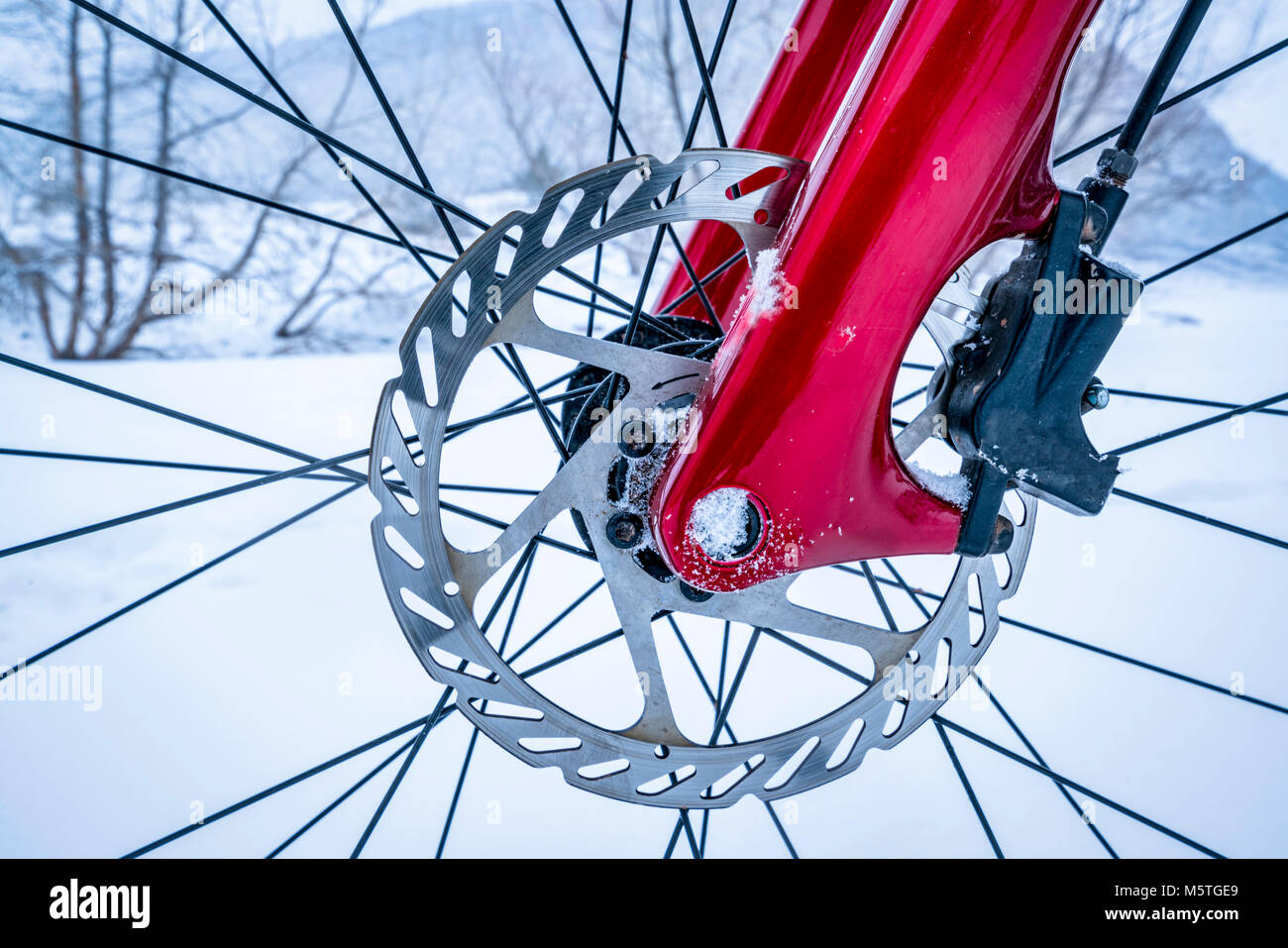 wheel hub of a fat bike with hydraulic disc brake against winter ...