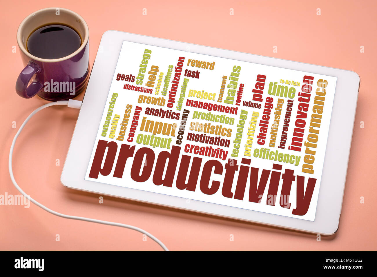 productivity word cloud on a digital tablet with cup of coffee Stock ...
