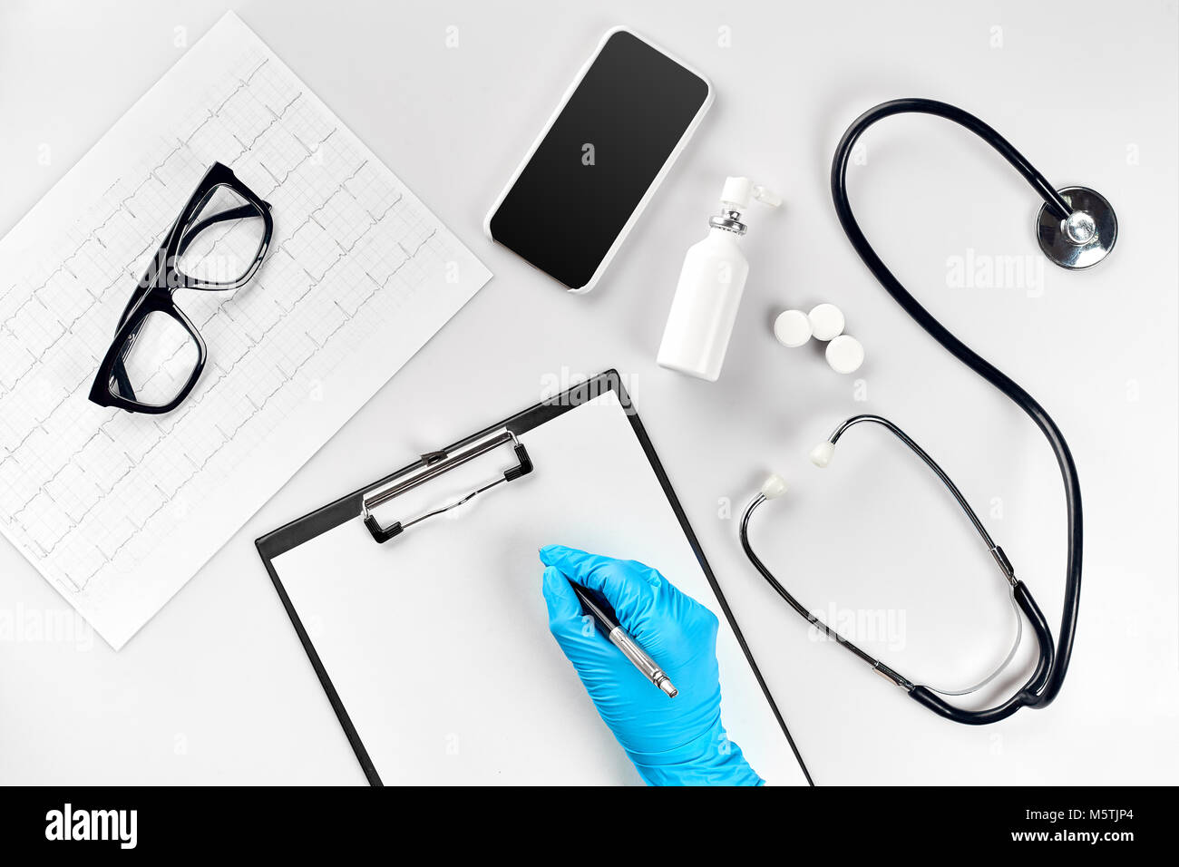 Doctor s table, tools, medical instruments, stethoscope, work in ...