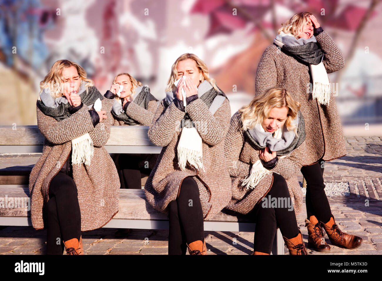 collage of one person with a cold in multiple positions outdoors Stock ...