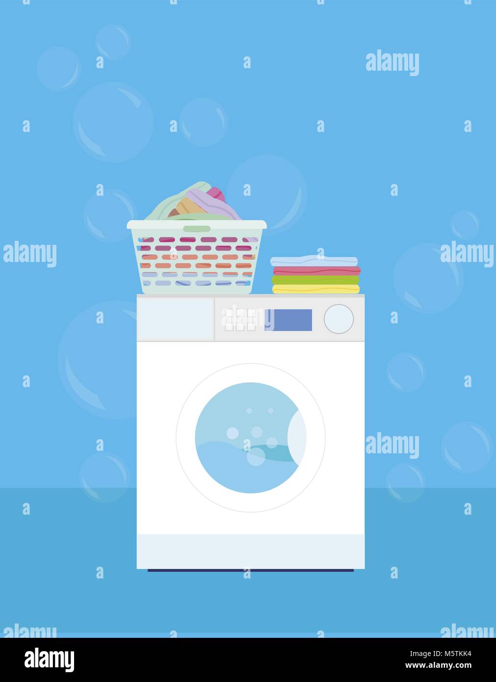 Washing machine with a basket of laundry on a blue background - vector ...