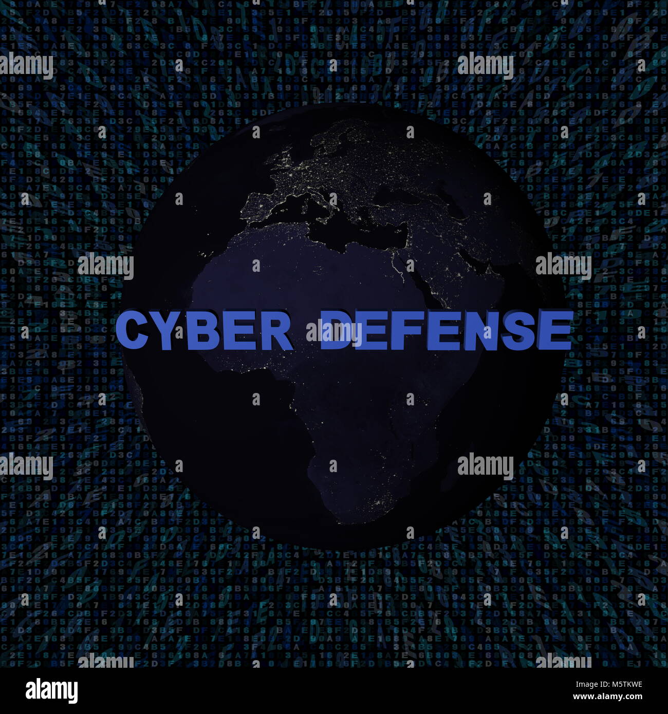 Cyber Defense text with earth by night and blue hex code illustration ...
