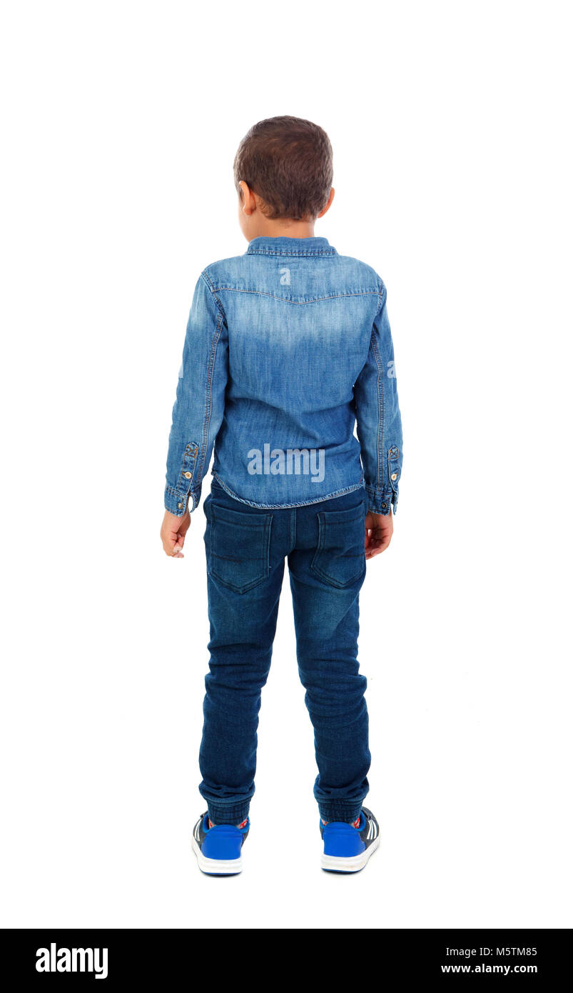 Back view of a small child with denim shirt isolated on a white ...