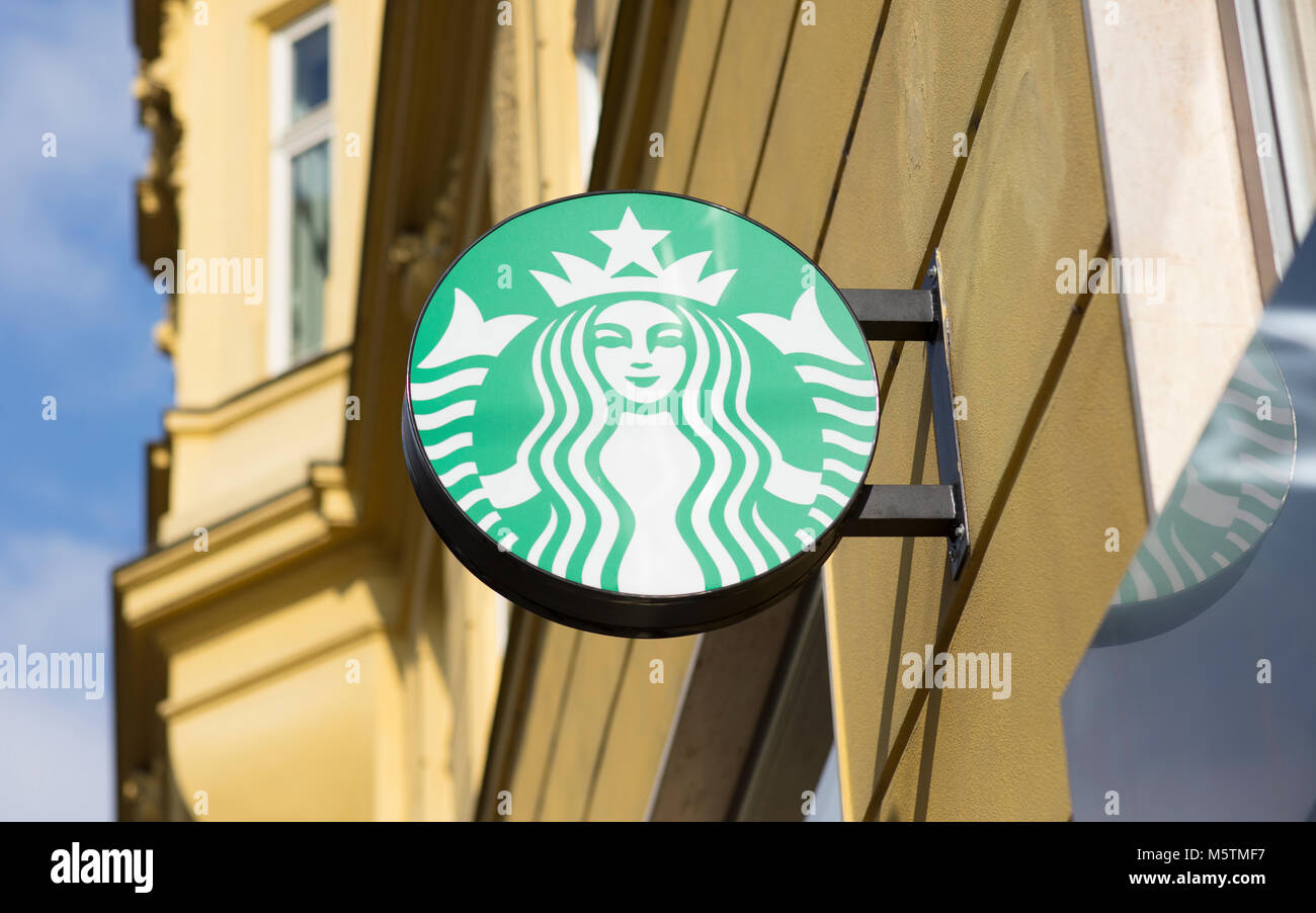 Starbucks signage on a cafe in Brno, Czech Republic, 24th February 2018 ...