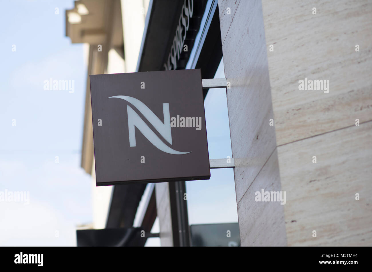 Nespresso signage on a cafe in Brno, Czech Republic, 24th February 2018 ...