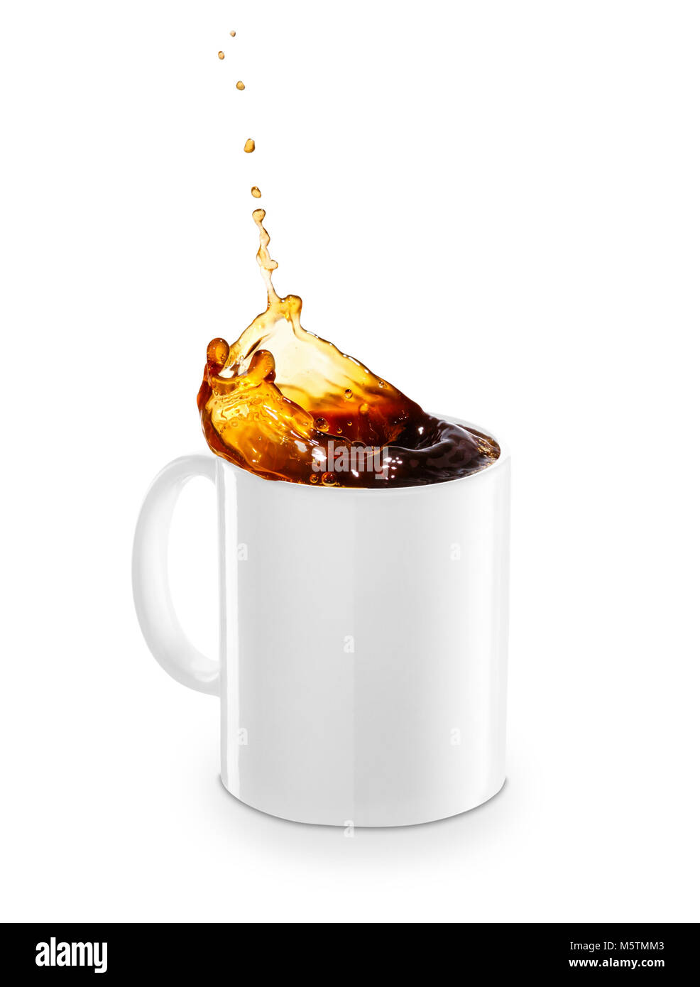 mug of spilling coffee or tea isolated on white background. Coffee ...