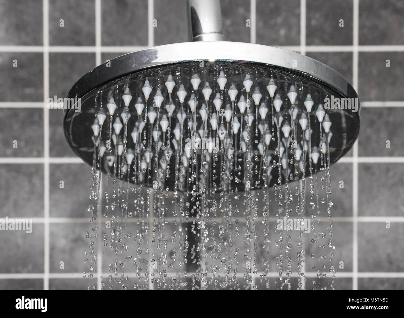 Water flows from the shower, close-up. The stream of water flows from ...