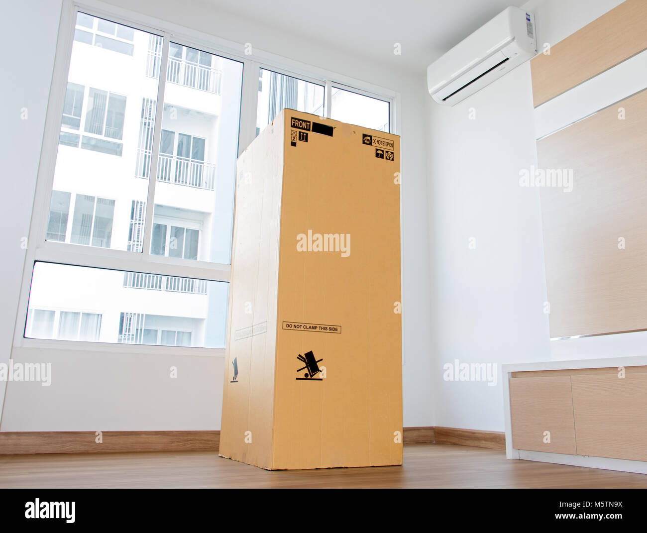A large cardboard box in empty new room of the apartment building ...
