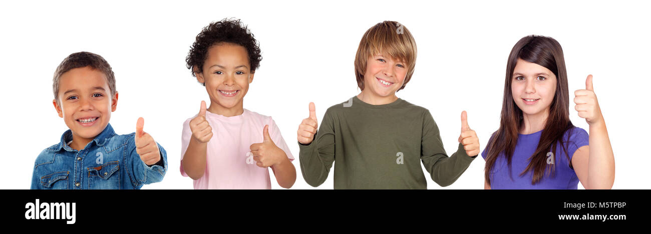 Happy children saying Ok with their thumbs isolated on a white ...