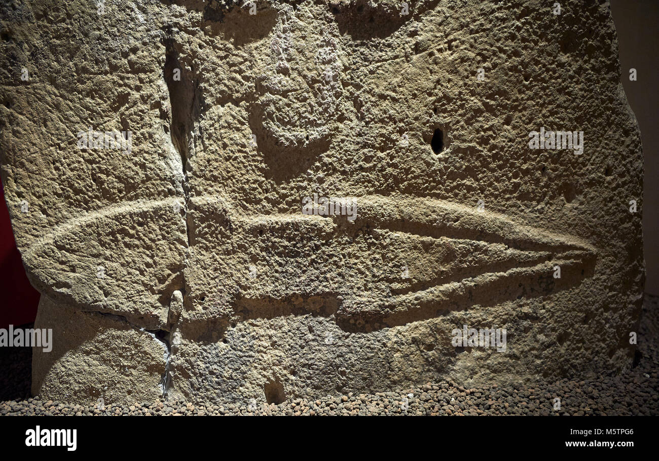 Close up of a Late European Neolithic prehistoric Menhir standing stone ...