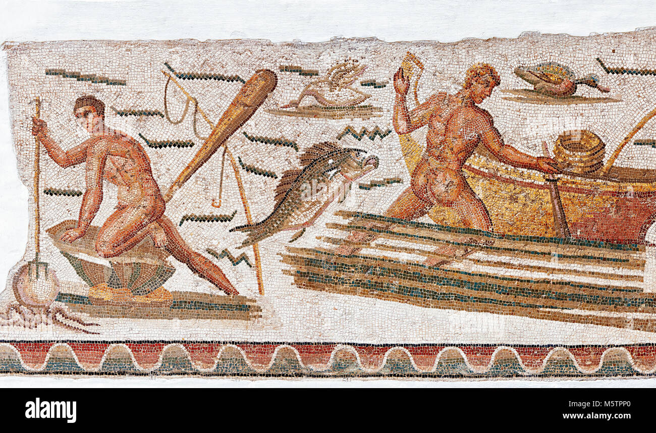 Roman mosaic depicting fishermen. The fisherman on the left is about to ...