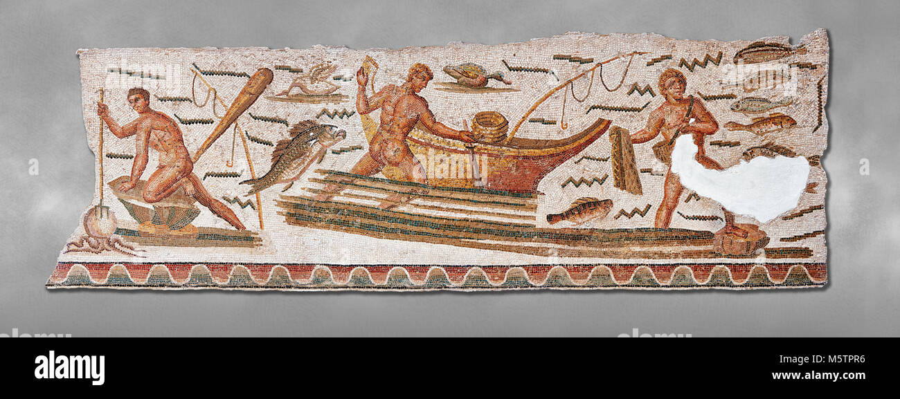 Roman mosaic depicting fishermen. The fisherman on the left is about to ...