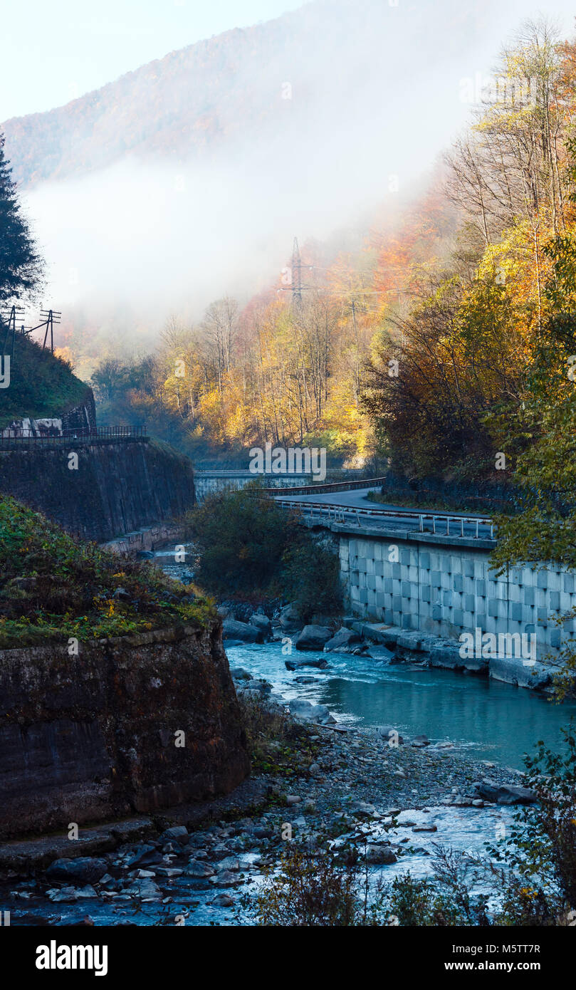 Autumn Carpathian Mountains landscape with multicolored trees and misty ...