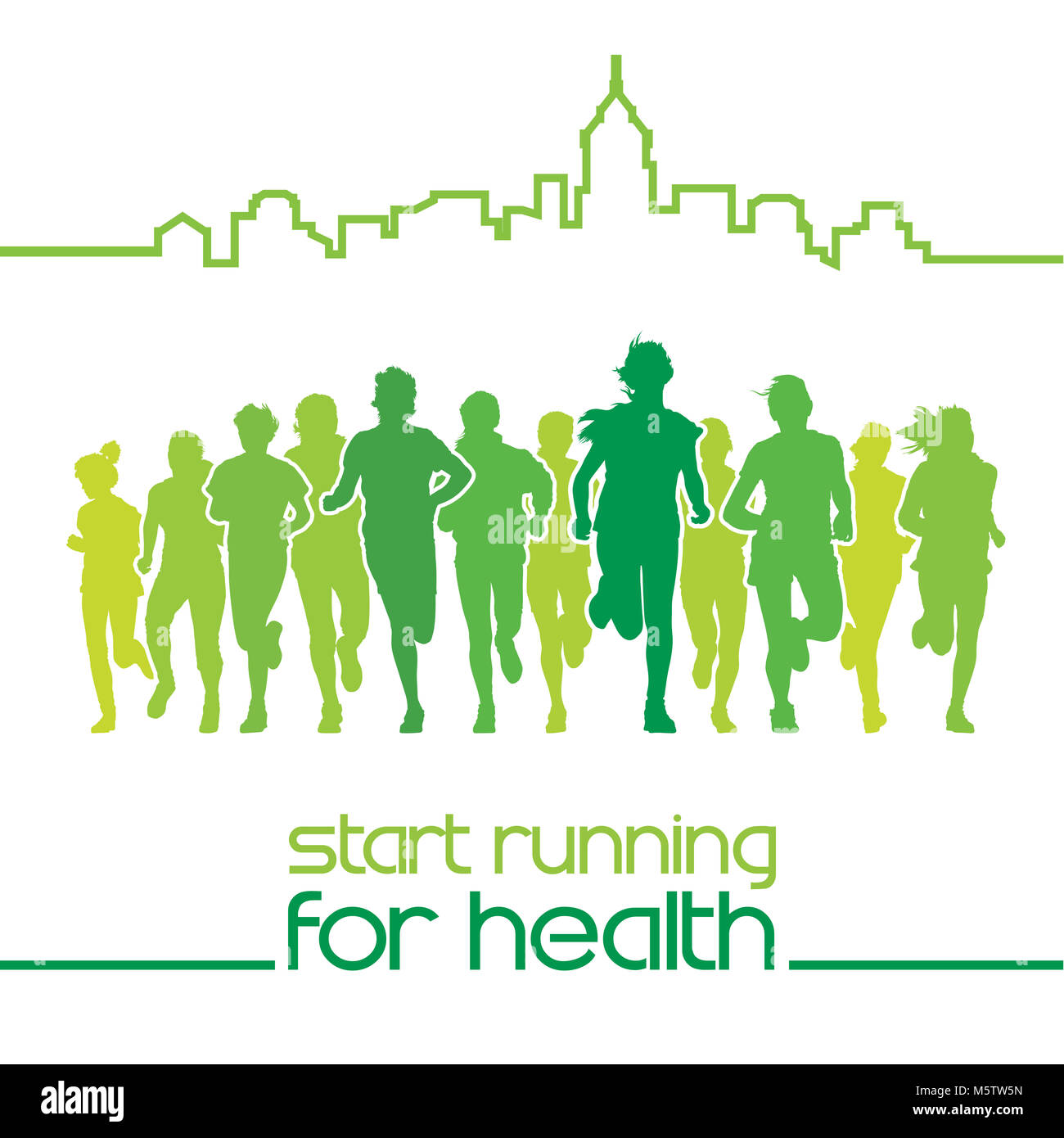 Front view of the crowd of young people running in the city marathon ...