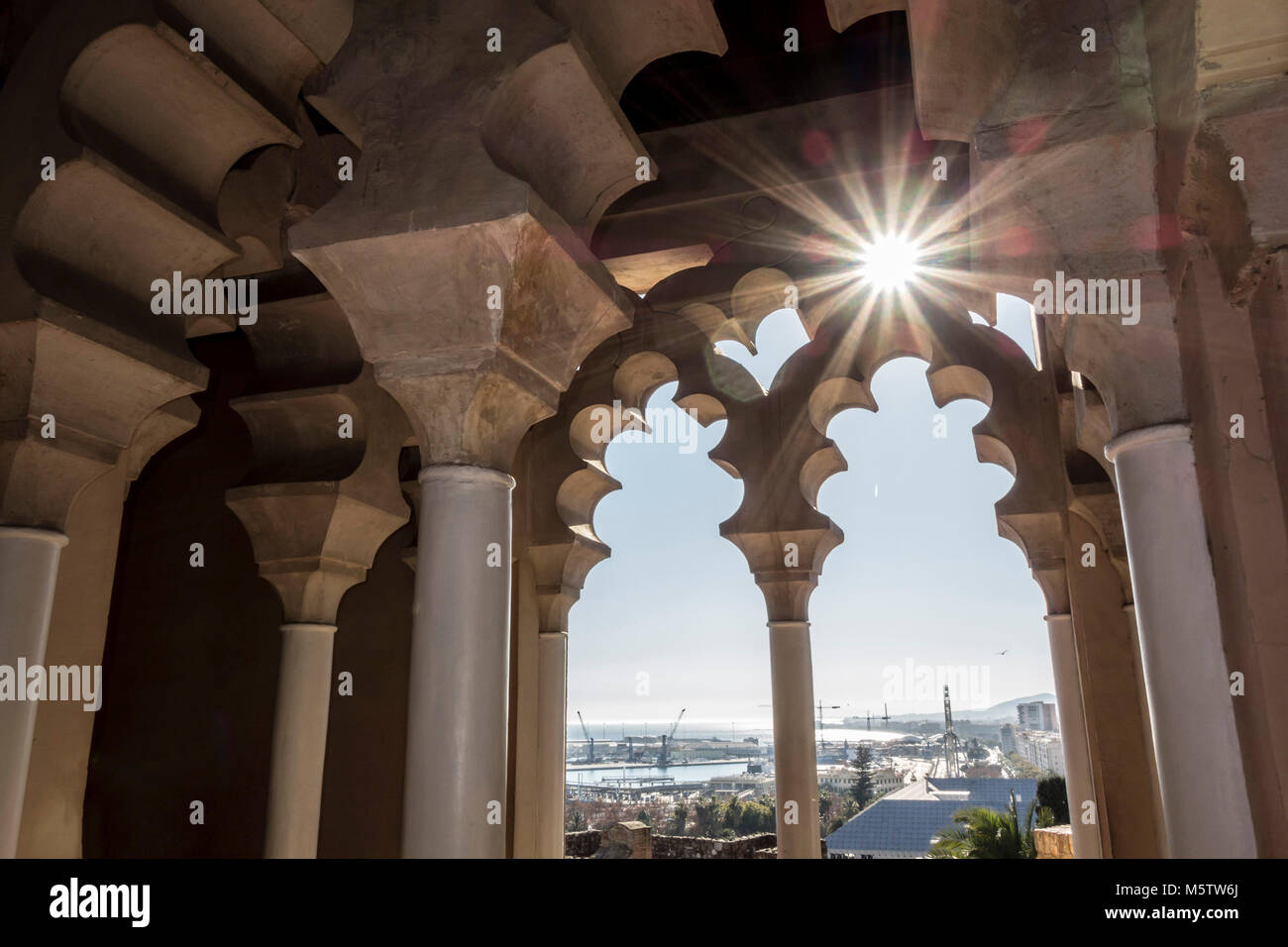 Historic monument, La Alcazaba,palatial fortification. Multifoil arch ...